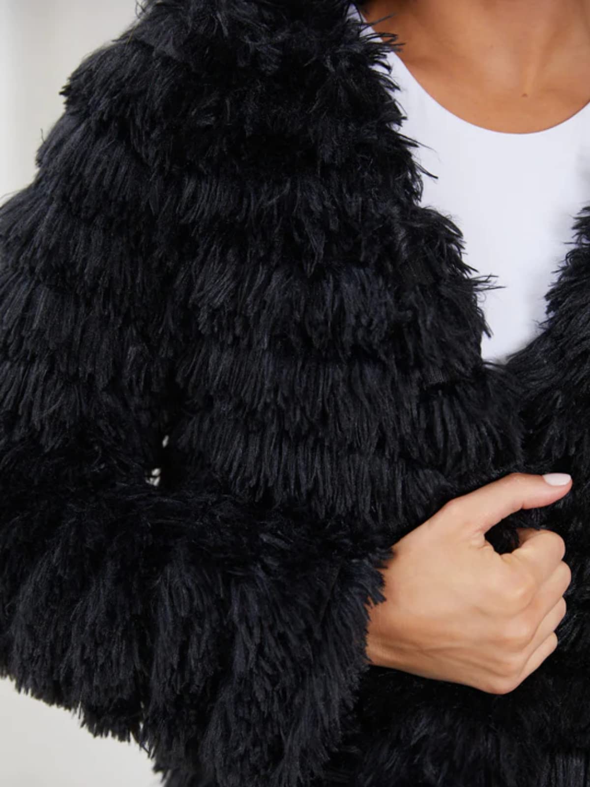 Womens Open Front Faux Fur Cardigan Vintage Parka Shaggy Jacket Coat Black X-Large