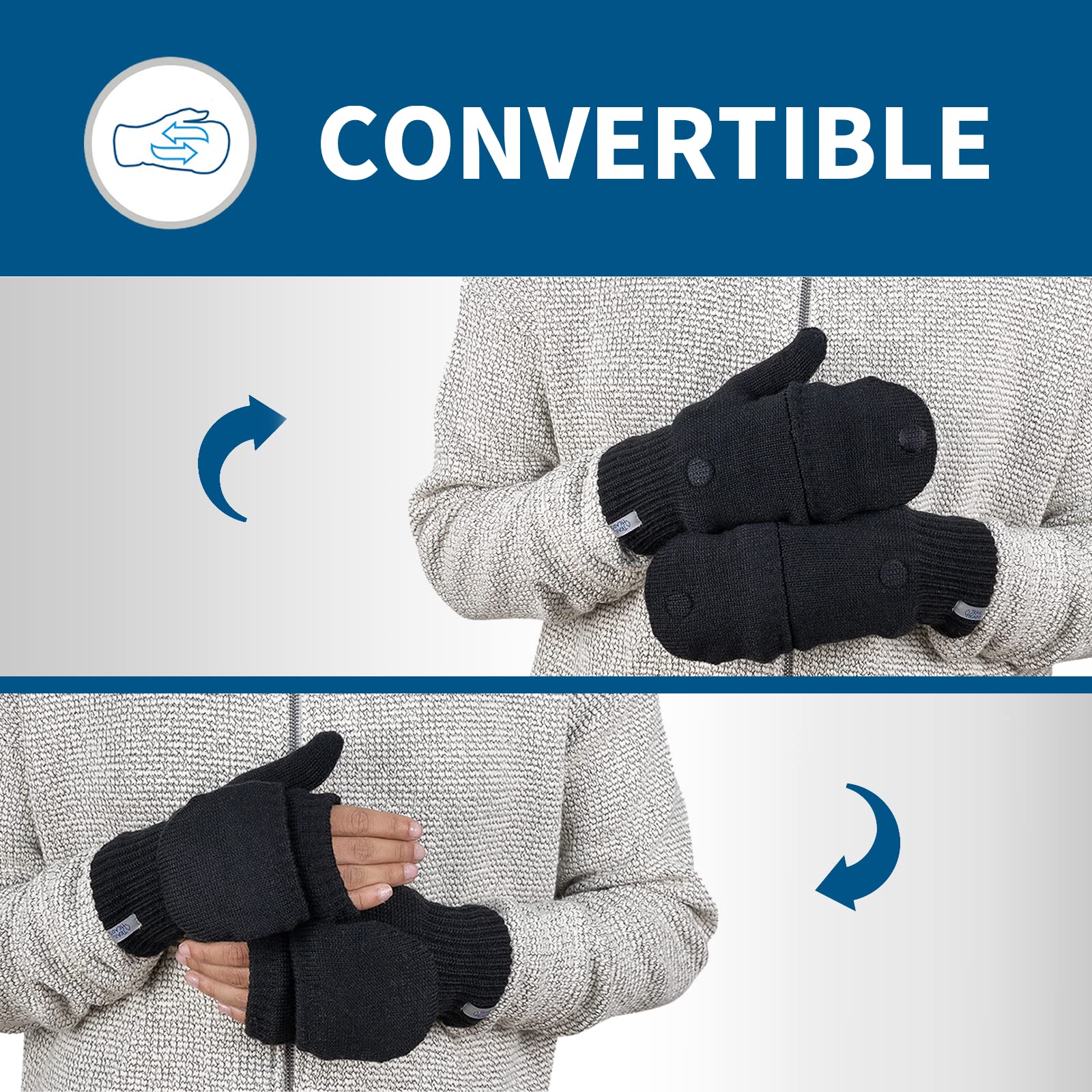 TrailHeads Women’s Fingerless Gloves | Merino Knit Convertible Mittens - black (small/medium)
