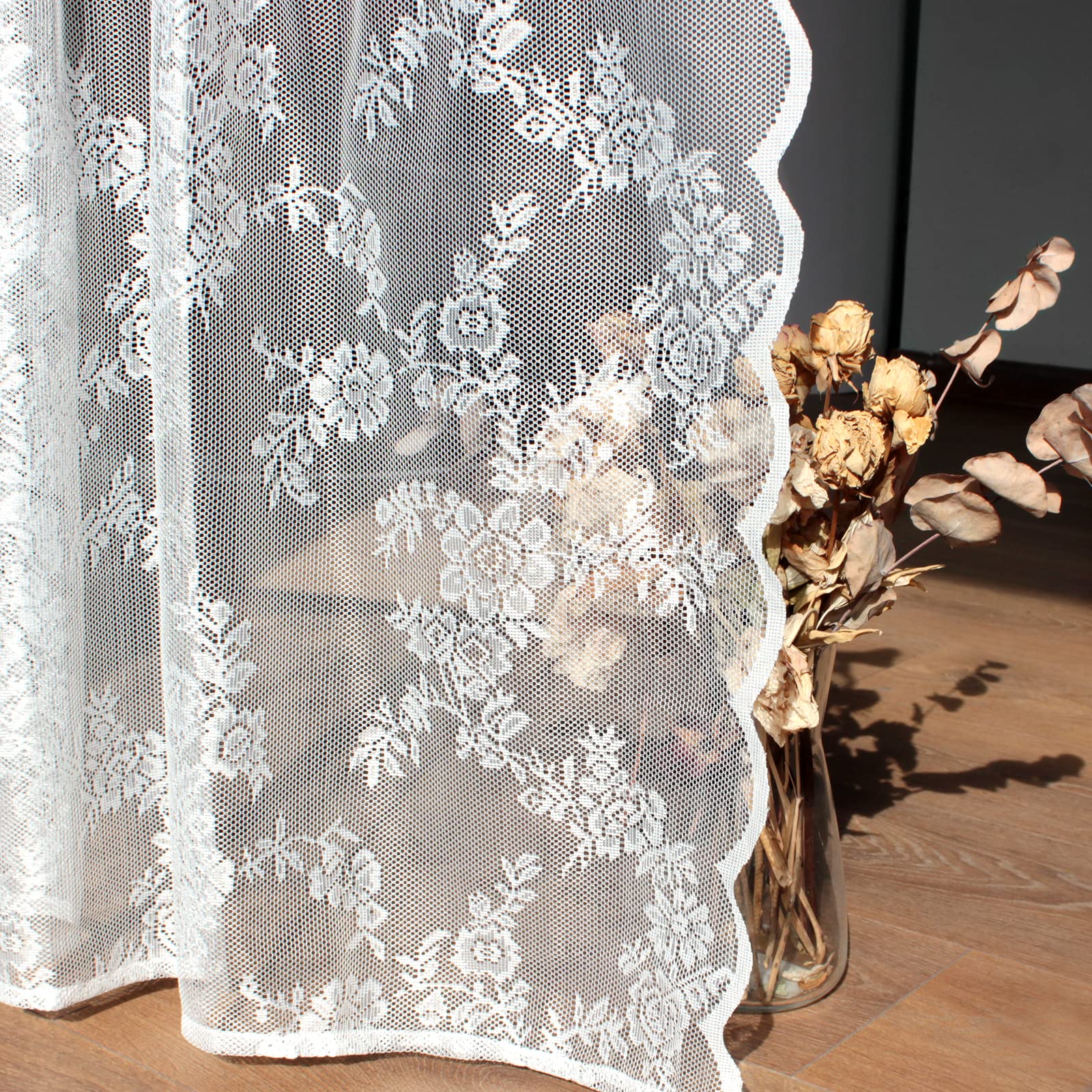 Zhh Sheer Lace Valance Kitchen Short Curtain White Grid Flower Curtain for Window Bedroom Livingroom Decor 23 by 57-Inch, 1 Panel