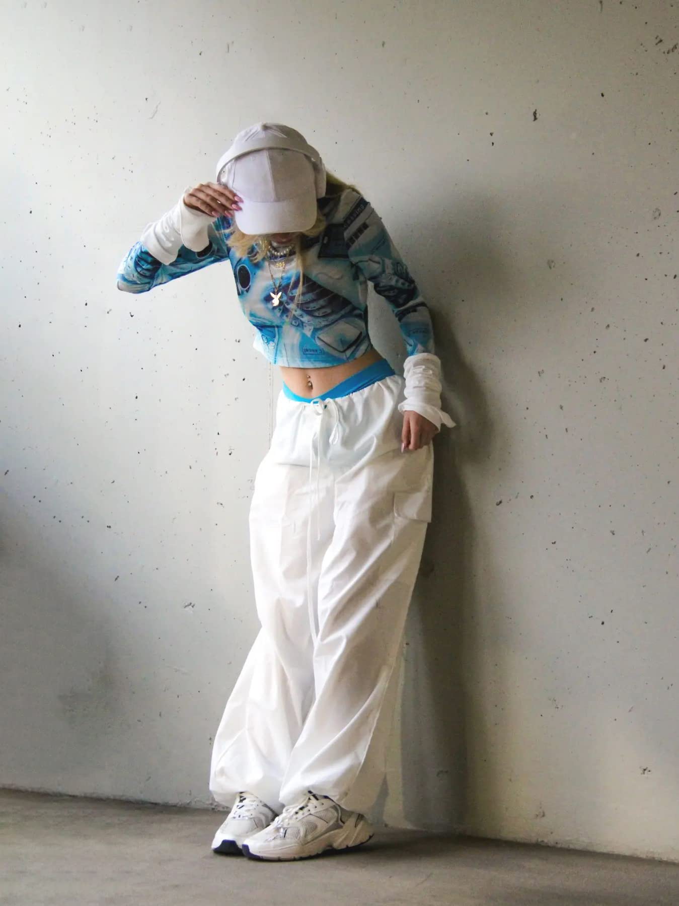 Xineicy Parachute Pants for Women Drawstring Baggy Cargo Pants Y2K Trouser Low Rised Jogger Sweatpants Loose Hip Hop A White