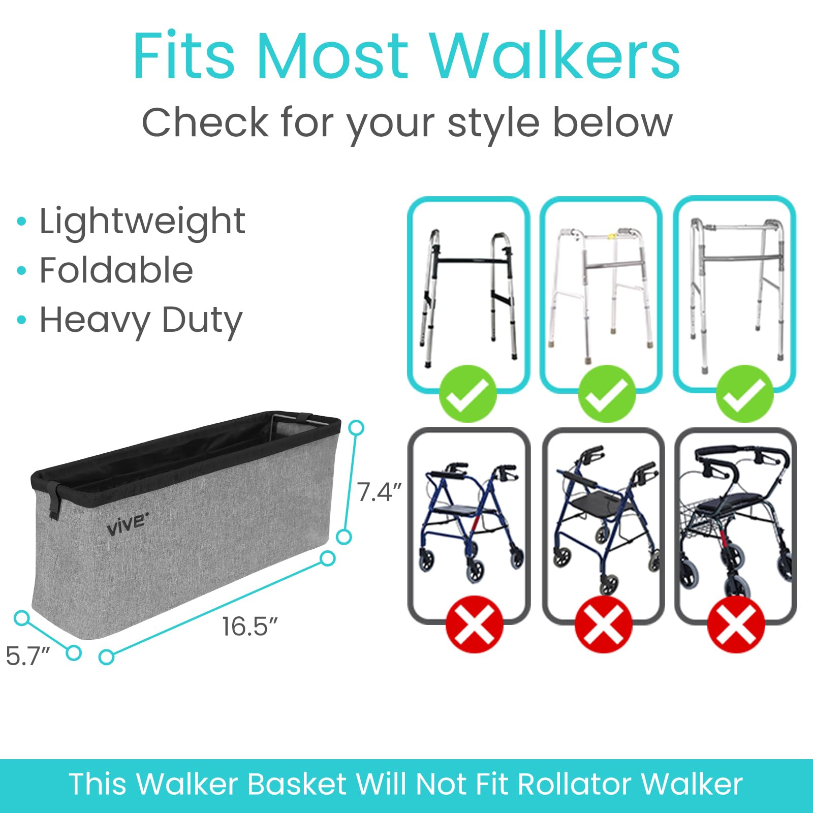 Vive Walker Basket Accessories Bag - Tray for Folding Walker with Water Cup Holder & Pockets - Universal Large Capacity Storage Container for Seniors, Elderly - Storage Mobility Aid Pouch (Gray)