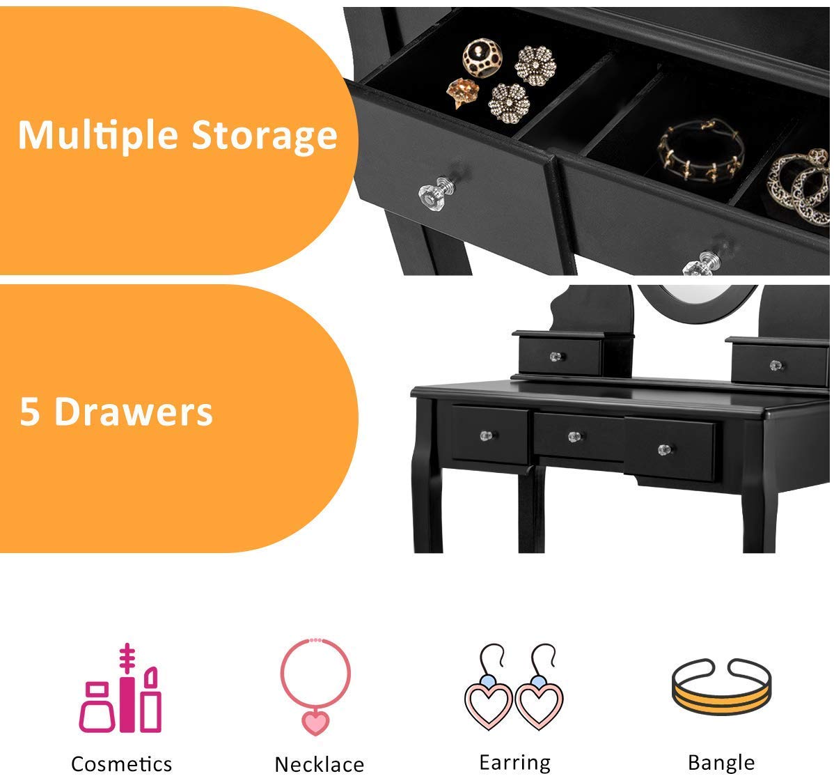 Vanity Table Set, Wooden Dressing Table with Oval 360° Rotating Mirror, 5 Storage Drawers, Painted Finish, Vanity Makeup Table with Padded Stool Seat, Detachable Table Top, Easy to Assemble (Black)