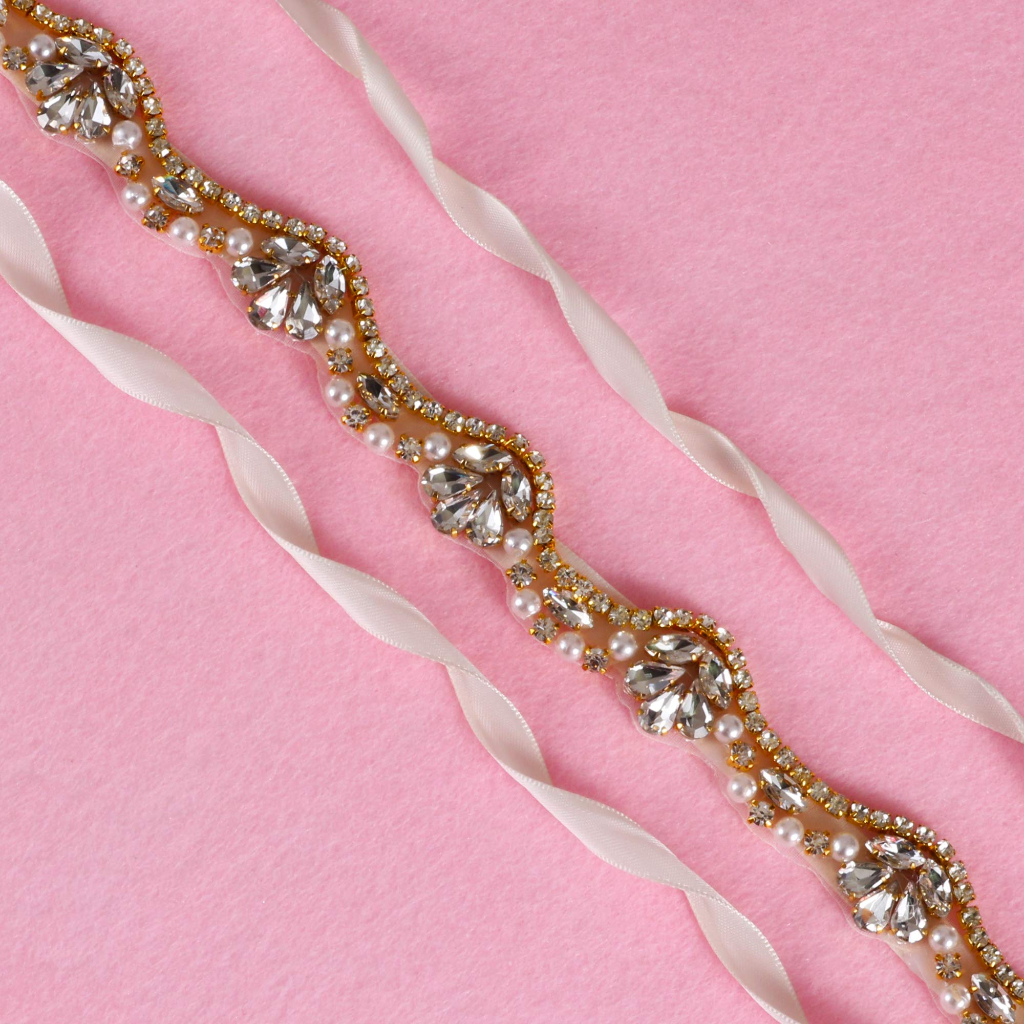 yanstar Handmade Rhinestone Belt Wedding Bridal Belt Sashes for Bridesmaid Dress (Gold-Ivory)