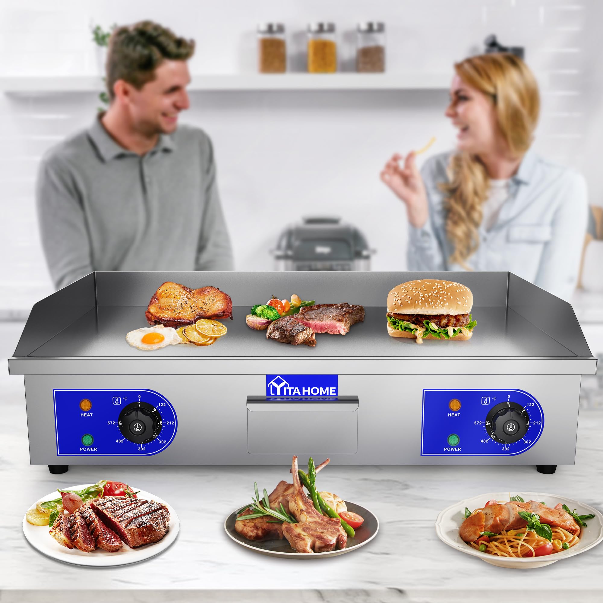 YITAHOME Commercial Electric Griddle 29" with Spring Handle, Dual Temperature Control 4400W Countertop Flat Top Griddle, Non-Stick Countertop Grill for Restaurant BBQ Grill Party (No Plug)