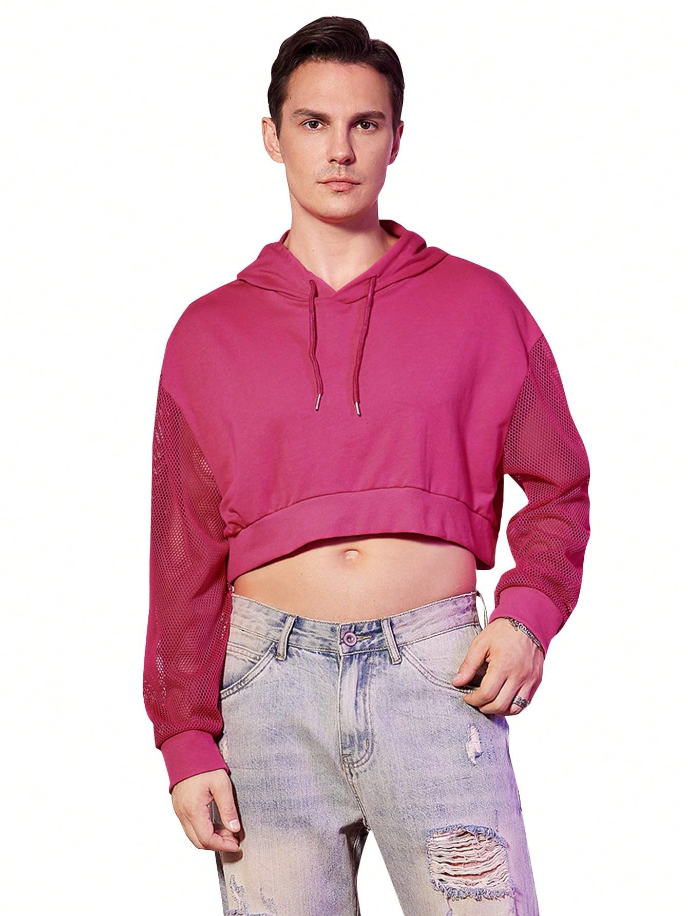 WDIRARA Men's Drawstring Mesh Long Sleeve Hoodie Sweatshirt Pullover Crop Top Hot Pink S