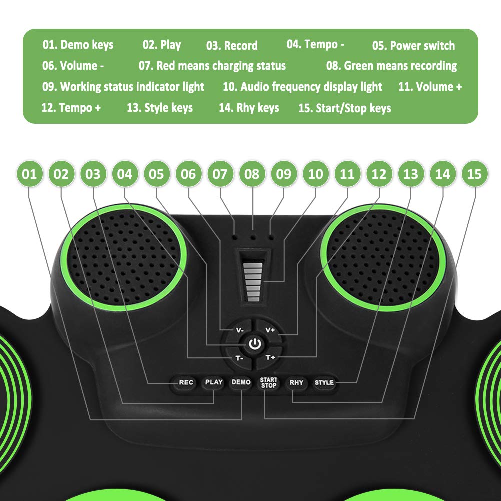 YISSVIC Electronic Drum Set Electric Drum Set 9 Drum Pads Rechargeable Battery Roll Up Drum Portable with Headphone Jack Built-in Speaker Green