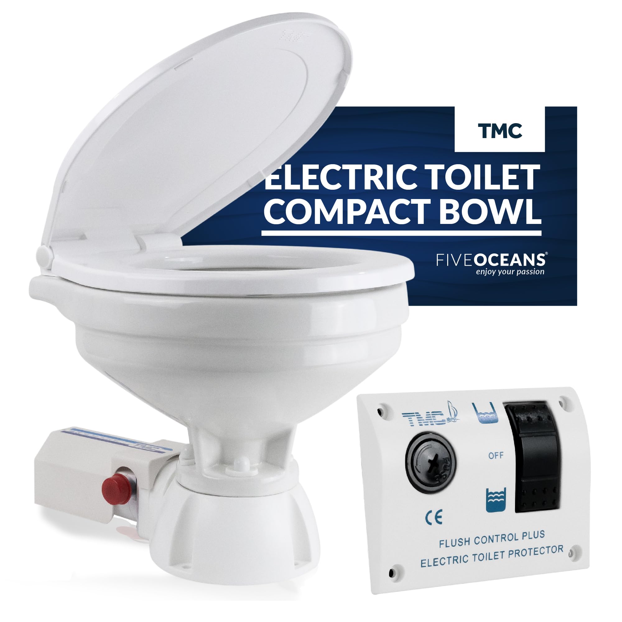 TMC Electric Marine Toilet, RV Toilet, Boat Toilet, Compact Design Bowl, Heavy-Duty Built-In Macerator Pump with Smart Flush Control Panel Switch, Features Quiet Soft-Close Lid, 12V DC - FO3869
