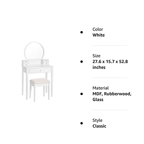 VASAGLE Vanity Set Makeup Dressing Table with Mirror, Padded Stool, 5 Drawers, 27.6 x 15.7 x 52.8 inches, White