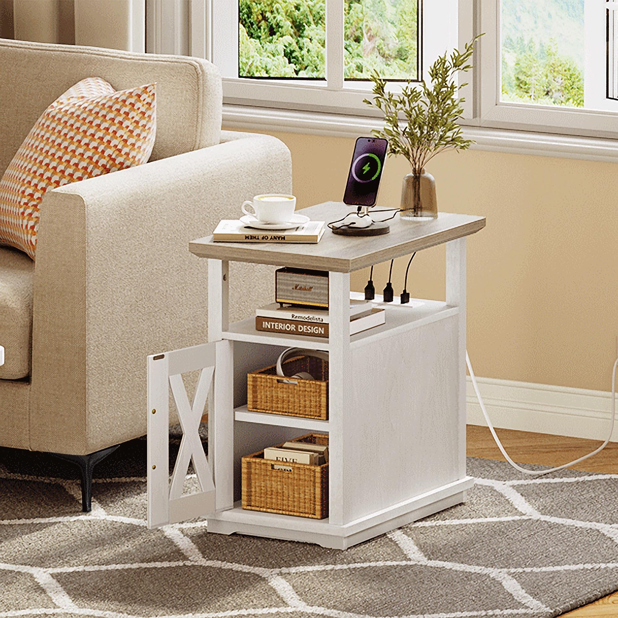 YITAHOME End Table with Charging Station, Narrow Side Table with Storage Adjustable Shelf, Farmhouse Nightstand with Door, End Tables Living Room Set of 2, Grey Wash