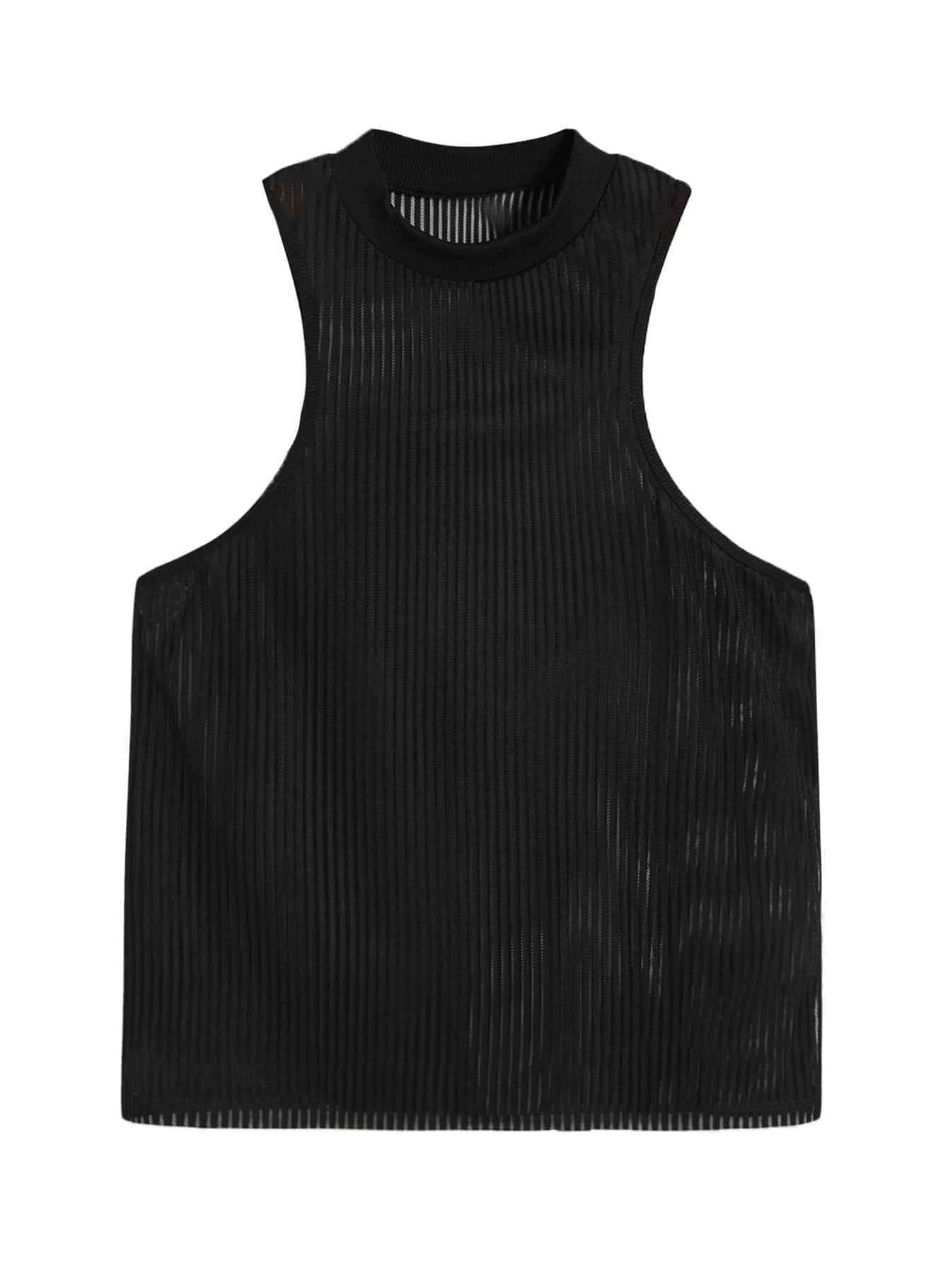 WDIRARA Men's See Through Mock Neck Sleeveless Party Club Summer Fitted Tank Top Black M