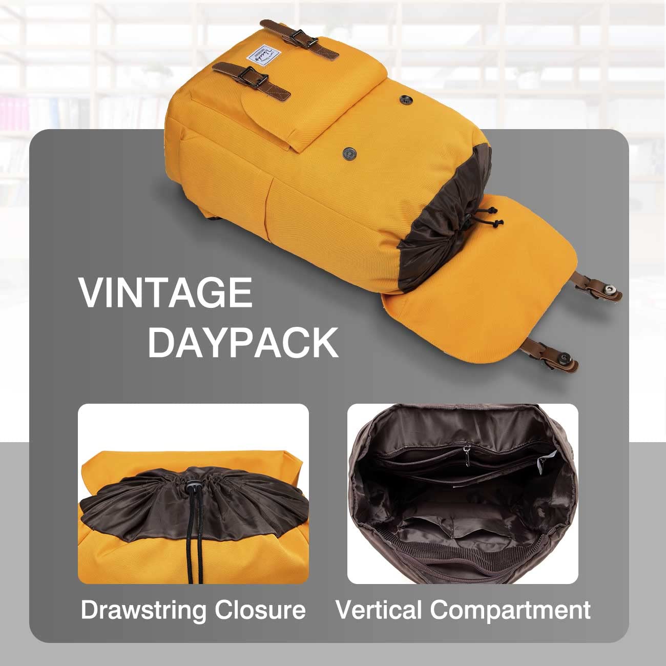 VASCHY Backpack for Men, Casual Water-resistant Hiking Camping Daypack Rucksack Travel School Backpack Drawstring Bookbag for College Fits 15.6inch Laptop (Yellow)