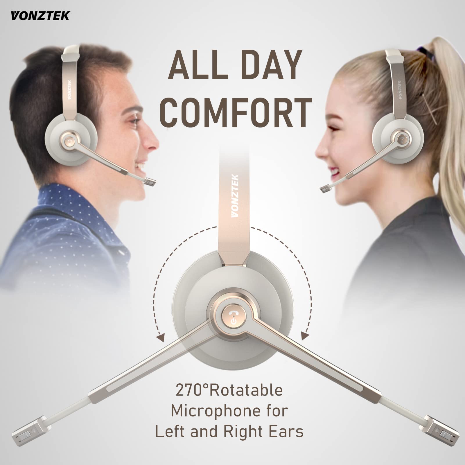 Wireless Headset, Bluetooth Headset with Microphone Noise Canceling, 45H Talk Time Wireless Headphones with USB Dongle & Mute for PC Computer Cell Phone Office Remote Work Zoom Meeting Call - Dune