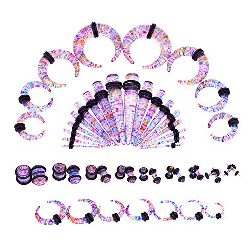 YOFANST 14G-00G 54pcs Acrylic Ear Gauges Stretching Kit Crescent Shaped/Spiral Taper Plug Set (Rainbow Glitter)