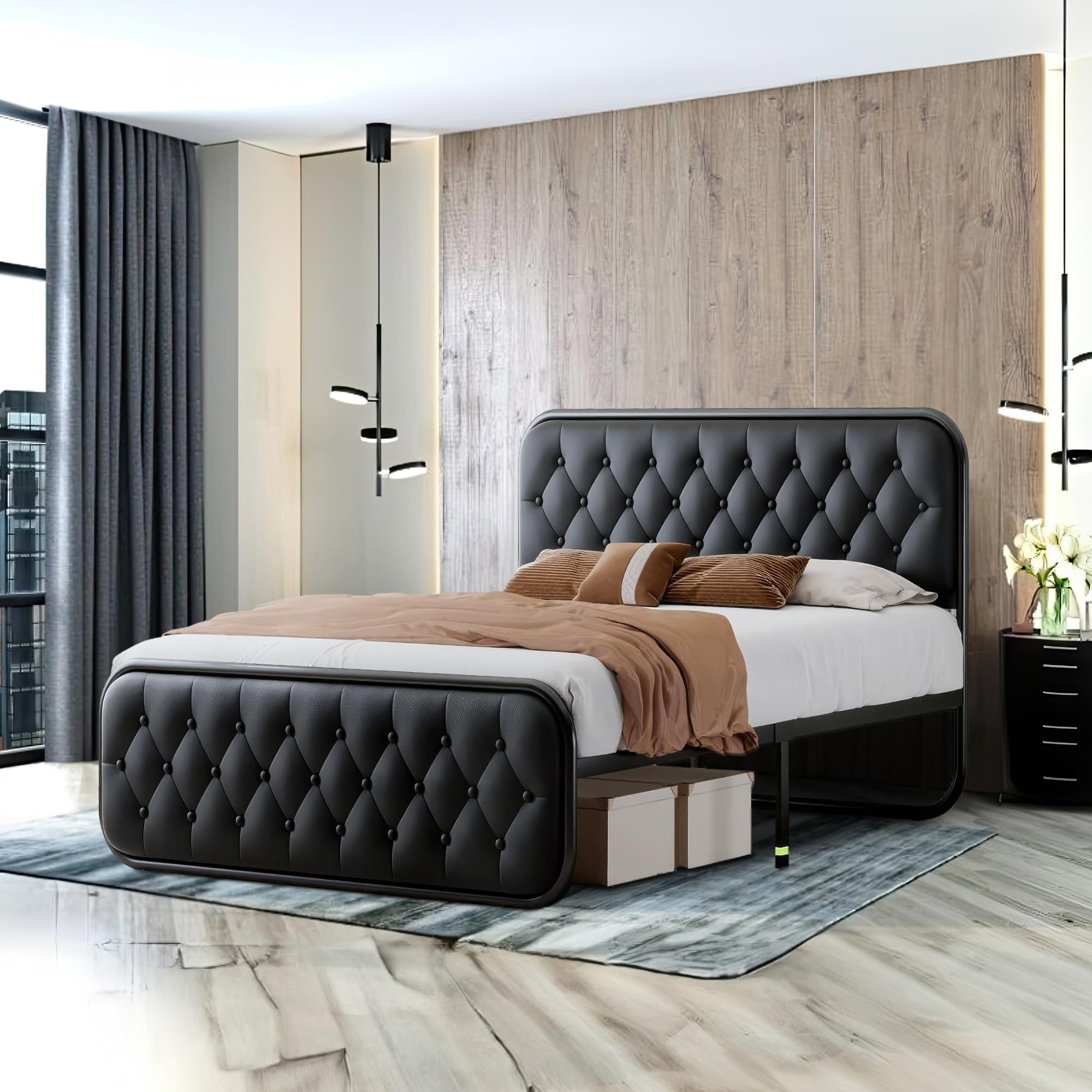 yoyomax Queen Size Bed Frame - Sturdy and Heavy Duty Bed Frame with Stylish Faux Leather Headboard, Noise-Free for Comfort and Support (Black)