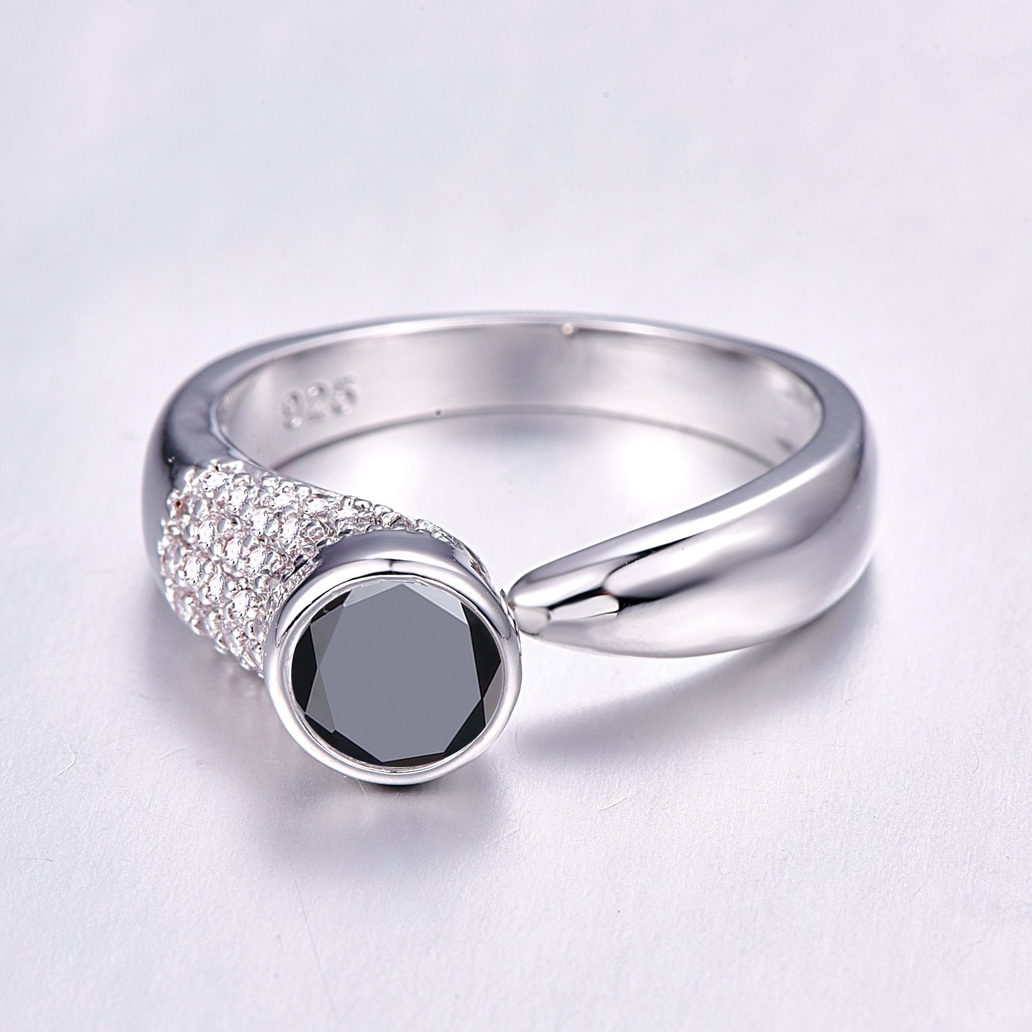 Veunora Women Ladies' Silver Plated 6x6mm Created Black Spinel Cubic Zirconia Filled Engagement Ring Size 7