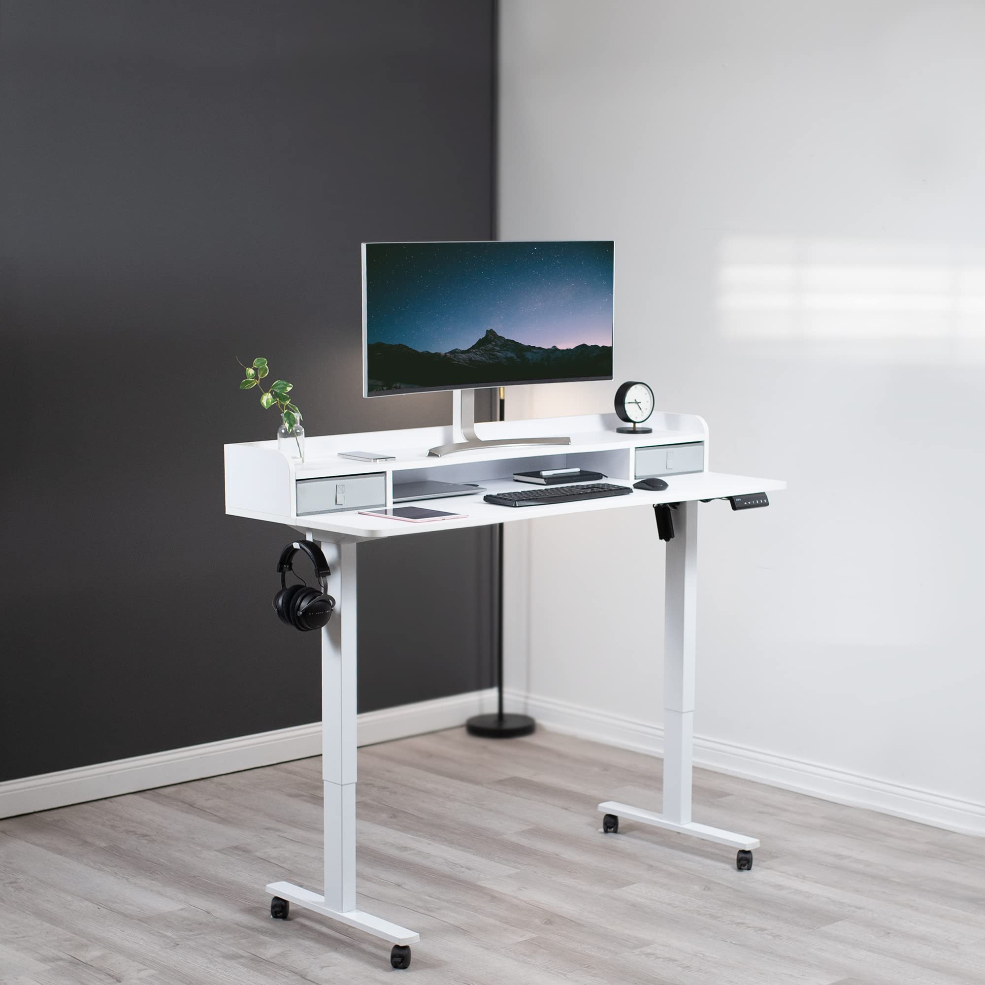 VIVO Electric 2-Tier Height Adjustable 60 x 24 inch Stand Up Desk, Mobile Table with Storage Drawers, Standing Workstation with Memory Controller, Casters, White, DESK-E-Y60SW