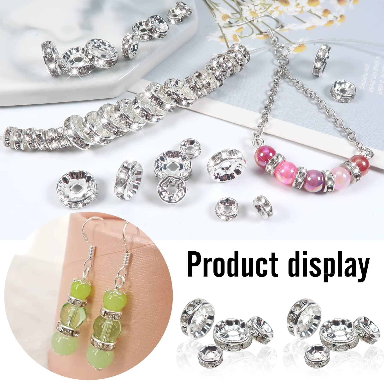 TOAOB 200pcs Rondelle Spacer Beads 6mm 8mm 10mm Round Crystal Czech Loose Spacer Beads Silver Rhinestone Charms Beads with Elastic String for DIY Crafts Jewelry Making Necklace Bracelet