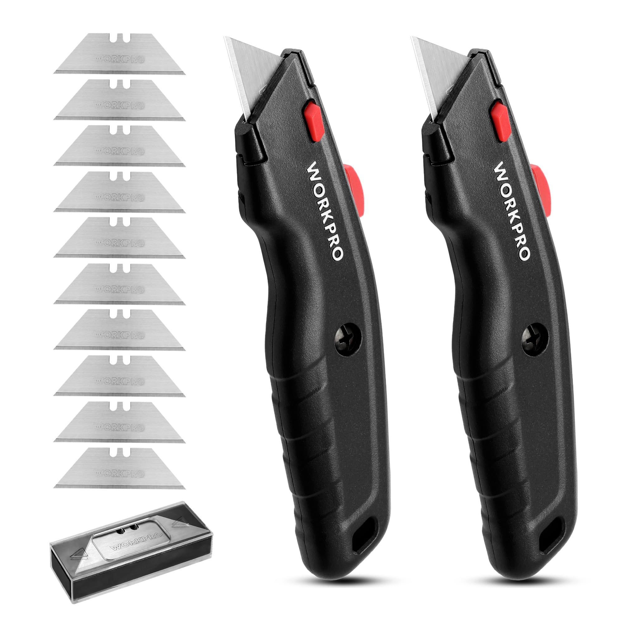 WORKPRO Box Cutter Retractable 2PC, All Metal Heavy Duty Utility Knife, Quick Change Blade Razor Knife, with 10 Extra Blades