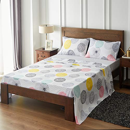 UOZZI BEDDING Printed 4 Pieces Girls Bed Sheets Set Queen Size 1500 Soft Brushed Microfiber Colorful Dots and Stripes Patterned Adult Bedding Set
