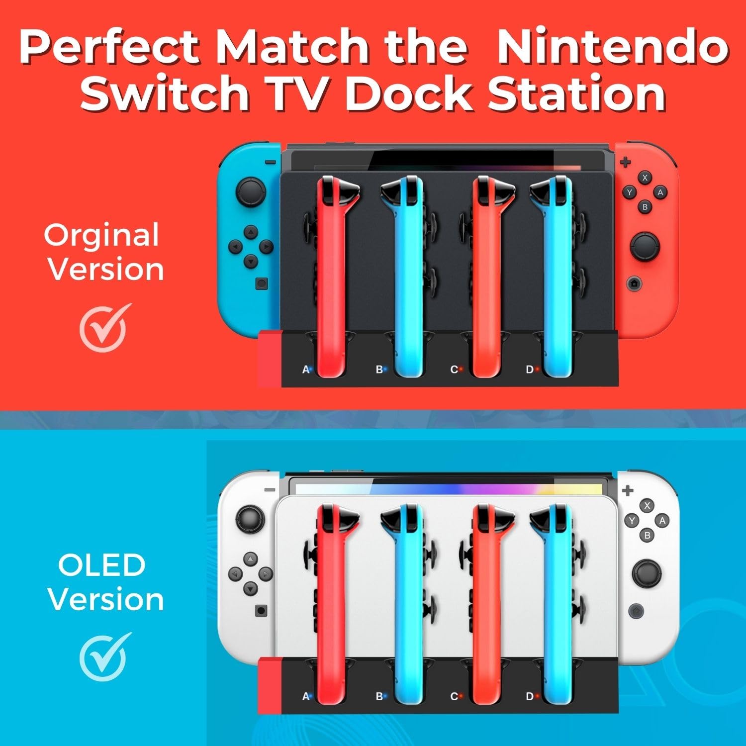 TNP Switch Joycon Charging Dock for Nintendo Switch Controller Charger Station and Switch OLED, Support 4 Joy con Holder with LED Indicator, Remote Docking Stand Base Attachment (Green, Blue)