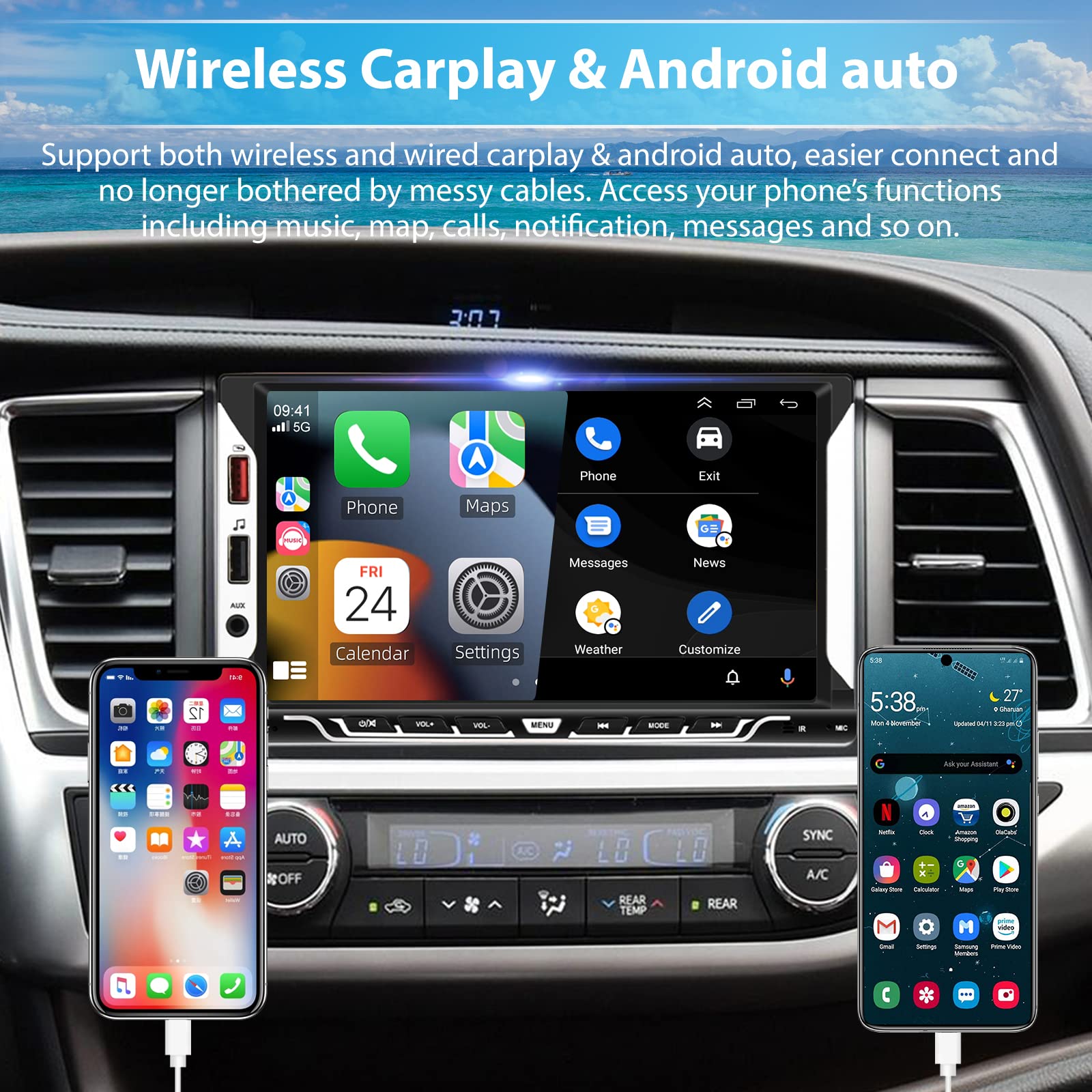 Wireless Carplay Double Din Car Stereo Android Auto, METEESER 7-Inch Touch Screen Car Radio Support Bluetooth 5.1, Head Unit with Backup Camera, Mirror Link, FM Radio, SWC, AUX in, USB, Mic