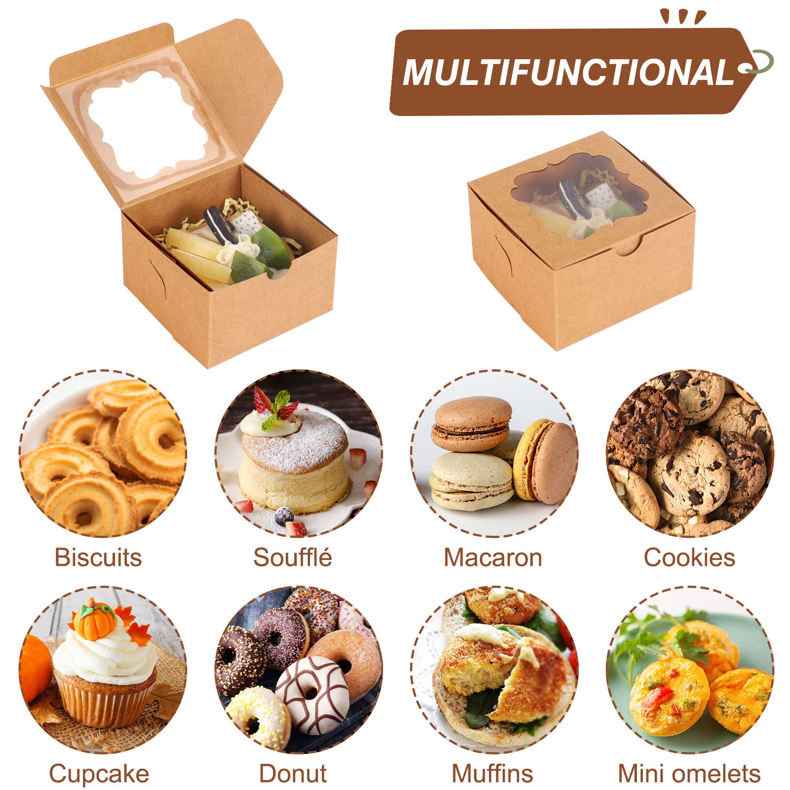 TOMNK 60pcs 4 Inches Brown Bakery Boxes Small Cookie Boxes Kraft Baking Boxes with 2 Style Windows for Strawberries Chocolate Dessert Treat Candy Donuts Mini Cake and Party Favor 4x4x2.5 Inches