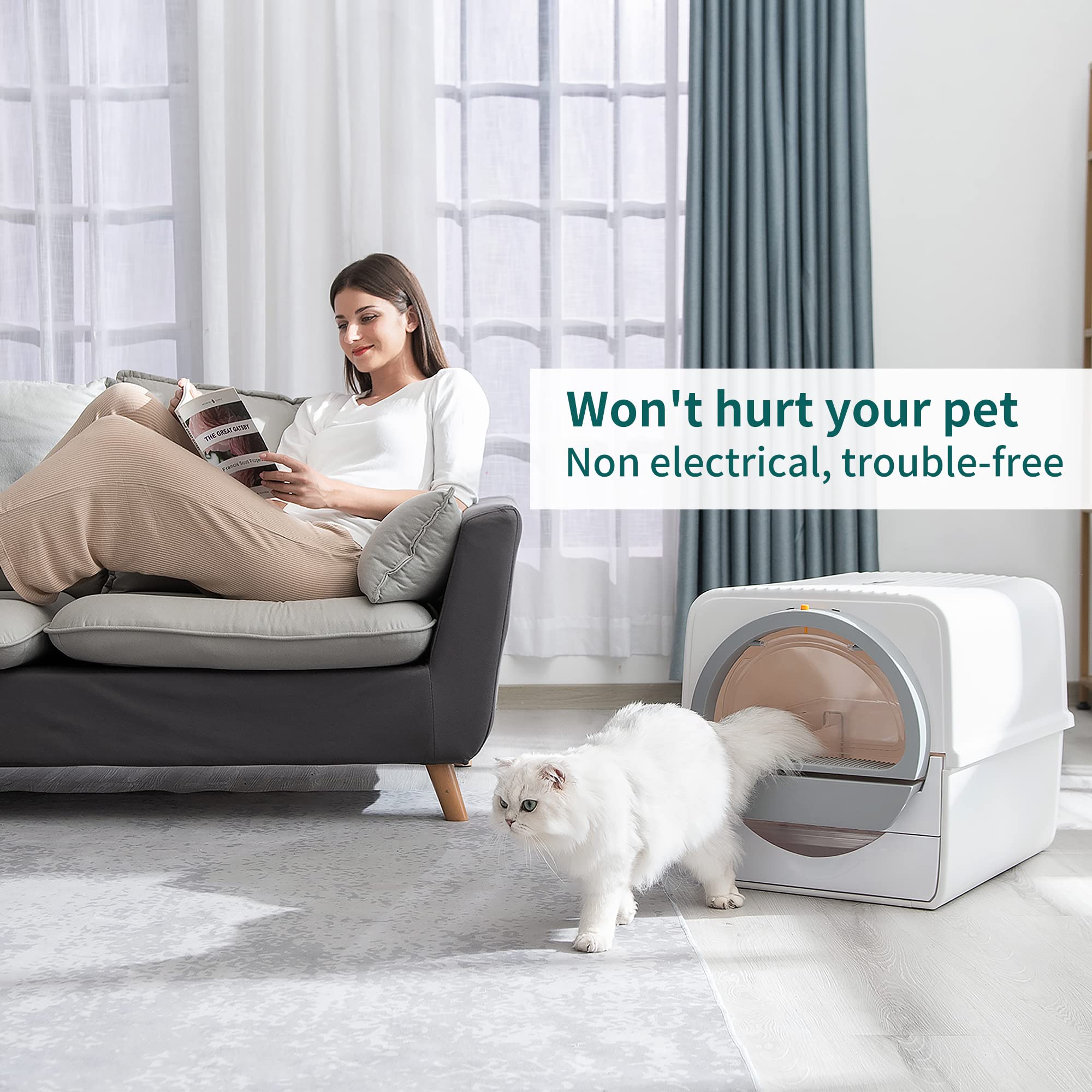 VARLNALY 4.0 Large Self-Cleaning Cat Litter Box, Pull-Out Non-Electric Automatic Cat Litter Box with Lid, One-Piece Base Prevents Urine&Litter Leakage, Fully Enclosed Litter Box Isolates Odor (White)