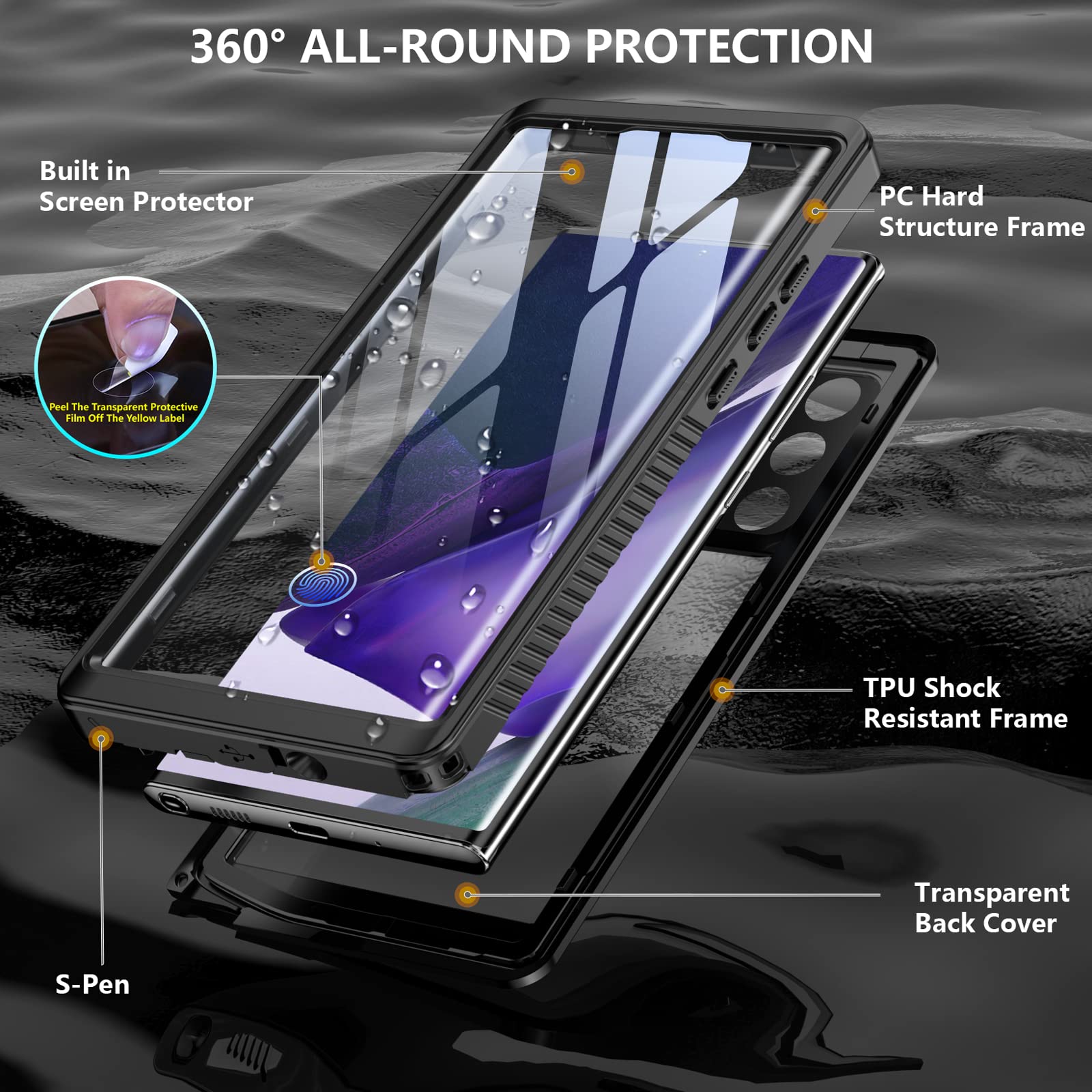 Temdan for Samsung Galaxy Note 20 Ultra Case Waterproof, Built in Screen Protector 360° Full Body Heavy Duty Shockproof IP68 Waterproof Note 20 Ultra Case for Samsung Note 20 Ultra 5G 6.9" Black