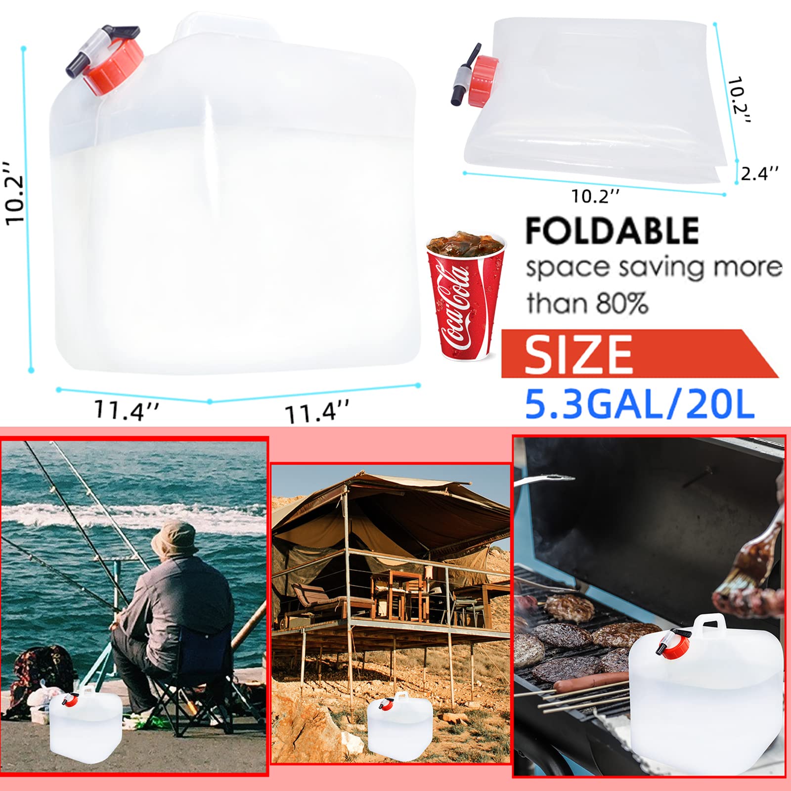 WMXWAN 80gallon(300litres) Water Storage Containers, Emergency Water Storage 15pcs×5.3gallon/20l,Collapsible Water Containers, BPA Free 5Gallon Water Jug Water Tank with Spigot For Fishing, Camping.