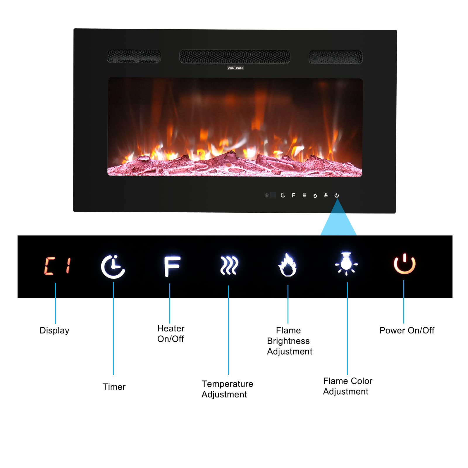 Winado 30 inch Wall Mounted and Recessed Electric Fireplace, Ultra Thin, Low Noise, Remote Control with Timer, Touch Screen, 12 Flame Colors, 5 brightness levels, 750W/1500W (Black)
