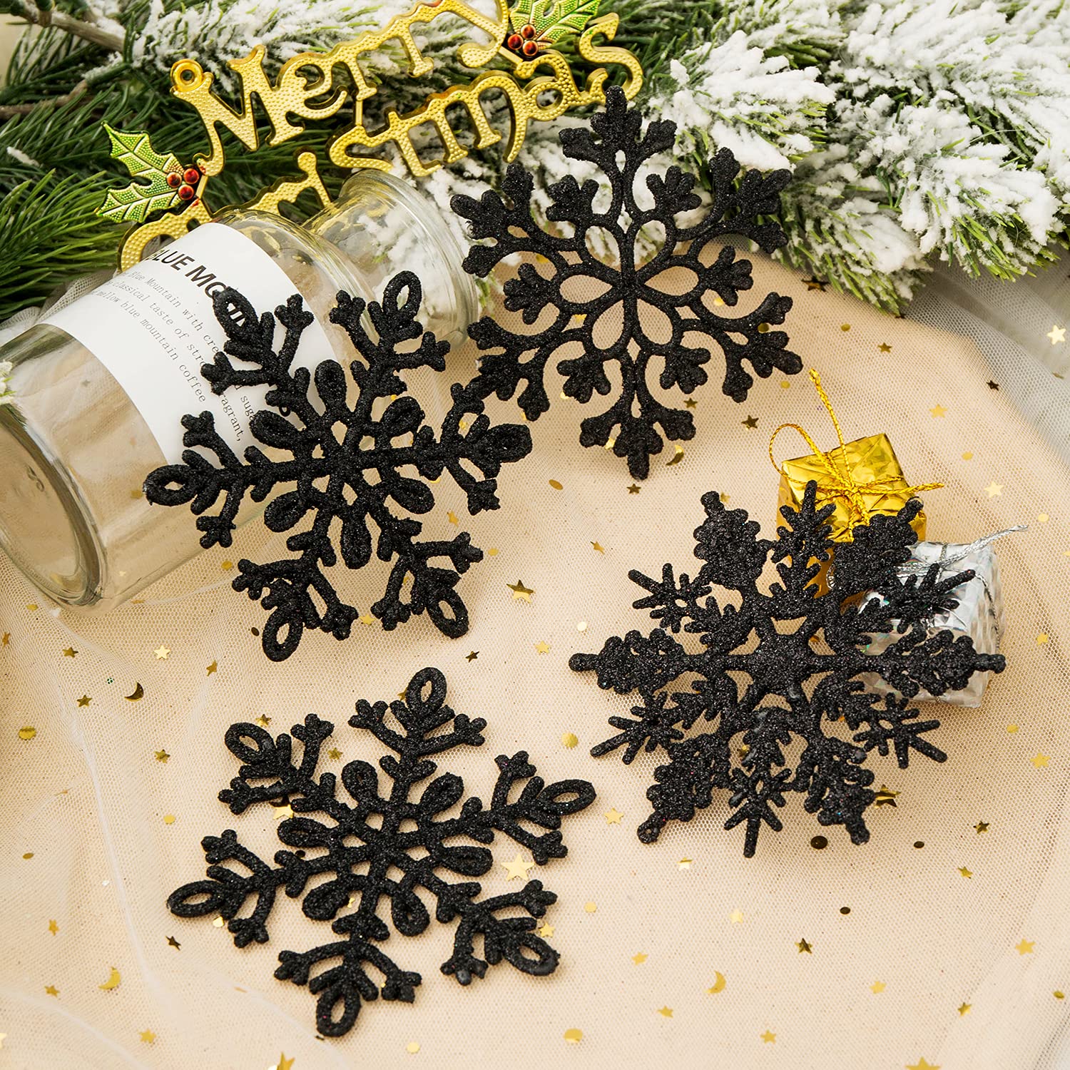 XmasExp 150mm/6inch large Glitter Snowflake Ornaments Set Christmas Tree Hanging Plastic Decoration for Xmas Party Wedding Anniversary Window Door Home Accessories (20pcs,Silver)