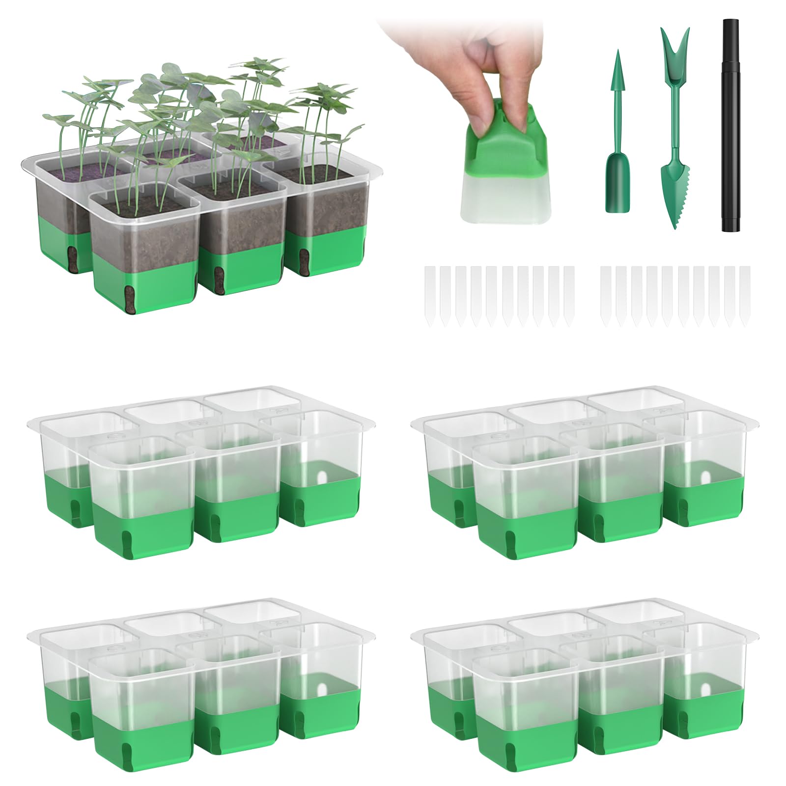 YJXFON 30 XL Cells Reusable Seed Starter Tray with Grow Light, 5 Pack Seed Starter Kit for Greenhouse Propagator Station Planting Growing (Clear)
