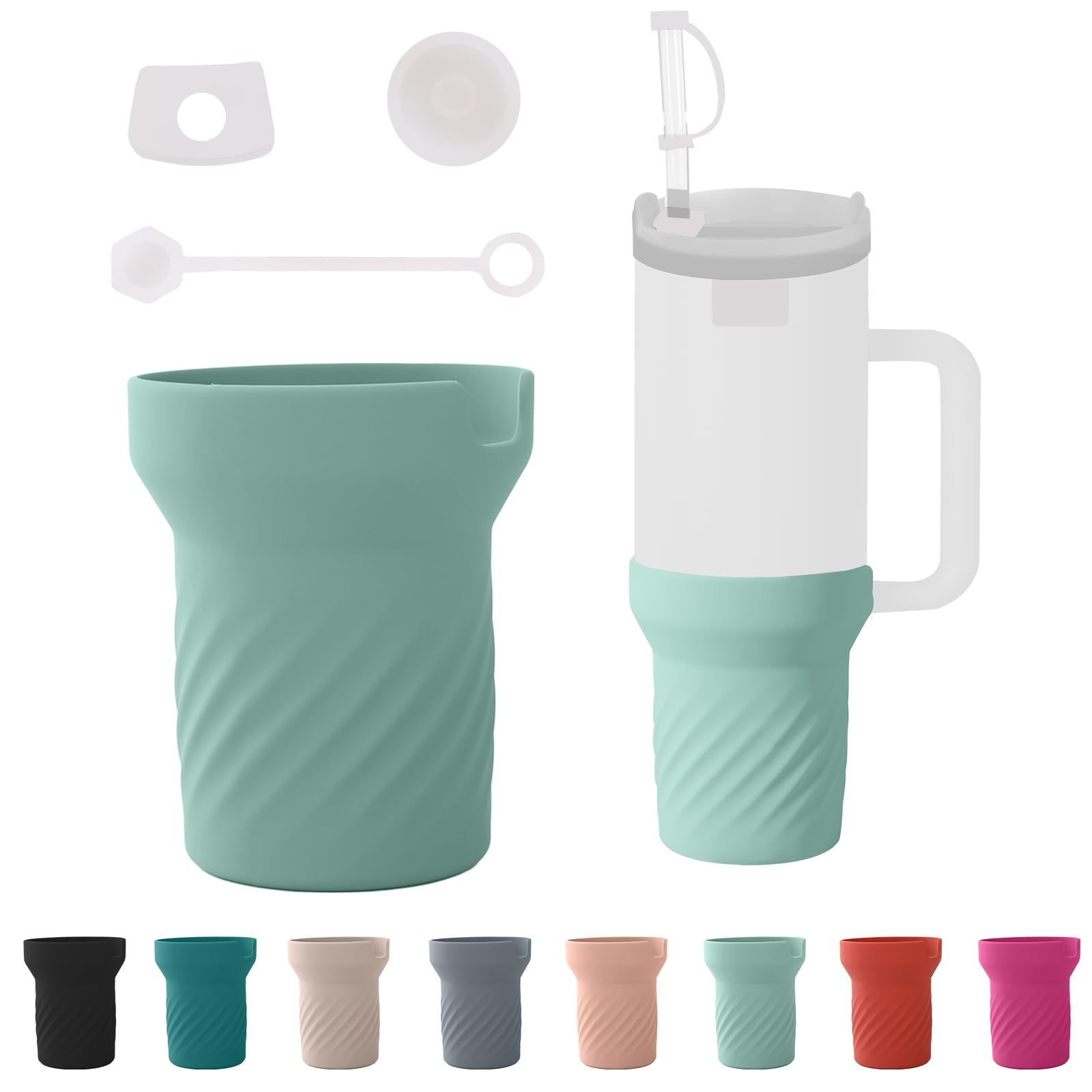 XMBYGY Spill Proof Stopper Set and Silicone Boot Cover for Stanley Quencher H2.0 FlowState Tumbler 40oz, Include 1 Cup Boot Sleeve, 1 Straw Cover Cap,1 Square Spill Stopper,1 Round Leak Stopper