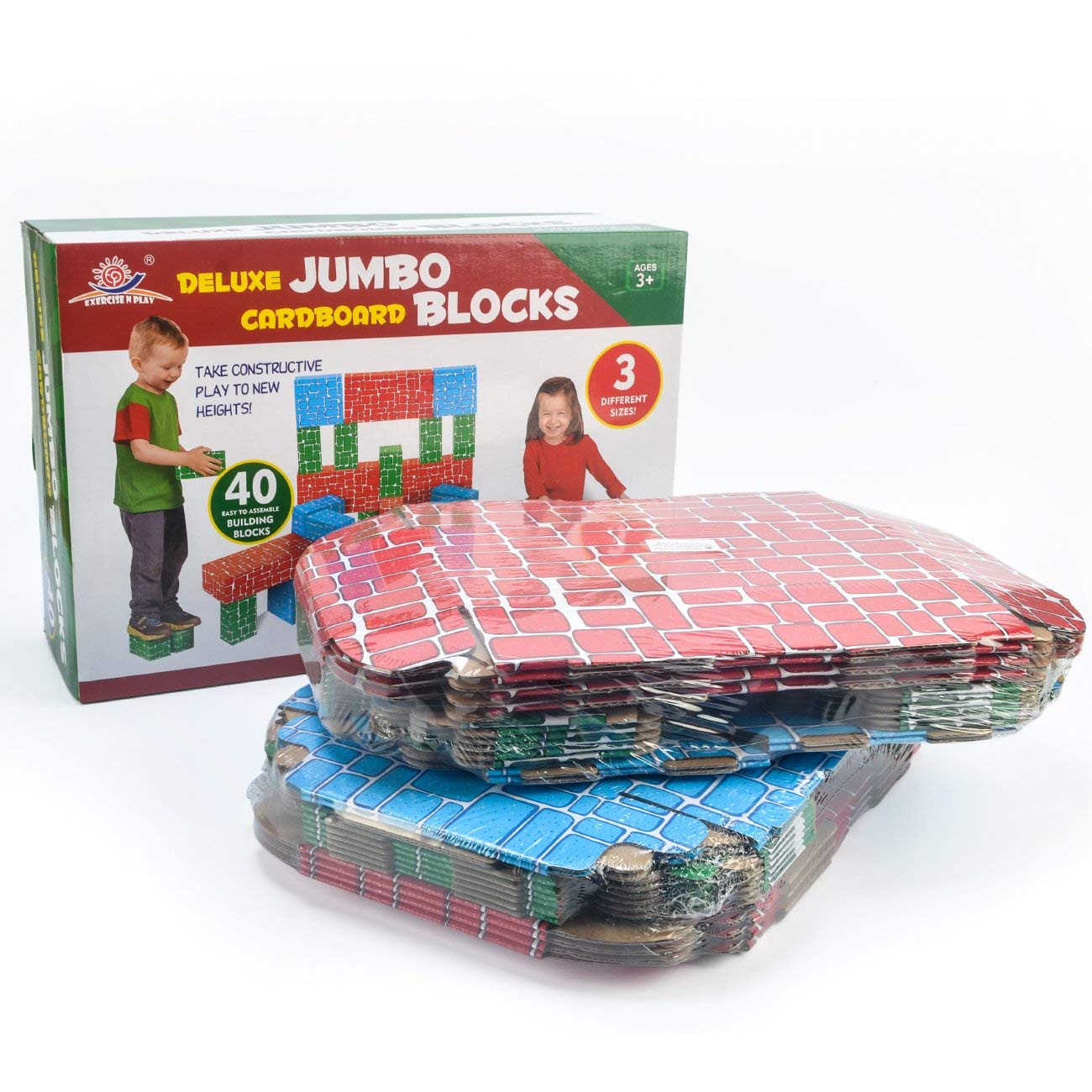 WishaLife Cardboard Blocks,40pcs Building Blocks Extra-Thick Jumbo Stackable Bricks in 3 Size for Toddlers Kids