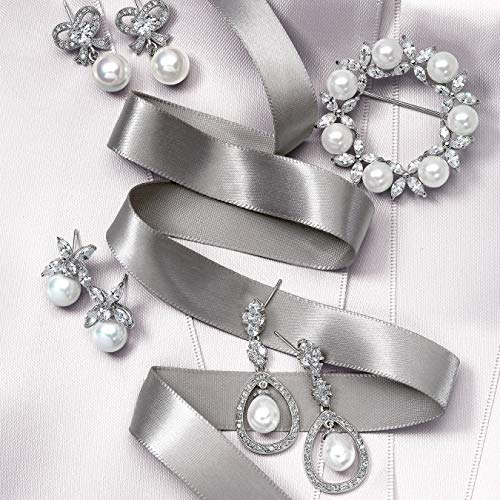 Victorian Style Cocktail Delicate Romantic Wedding Bridal Ribbon Cubic Zirconia White Simulated Pearl CZ Pave Bow Stud Drop Earrings For Women Silver Plated