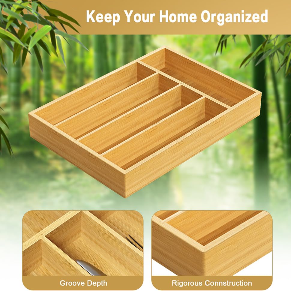 WEBACOO Bamboo Kitchen Drawer Organizer - Silverware Organizer for Kitchen Drawers - Utensil Tray and Flatware Storage for Kitchen - Flatware Organizer - Cutlery Tray with Adjustable Dividers