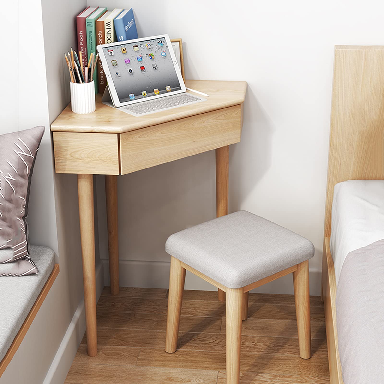 Writing Study Desk, Wooden Corner Desk Rugged Home Desk Study Table with Triangle Table Top Compact Work Desk with 2 Small Drawers and Storage Compartments ,Computer Workstation for Home & Office ( Co
