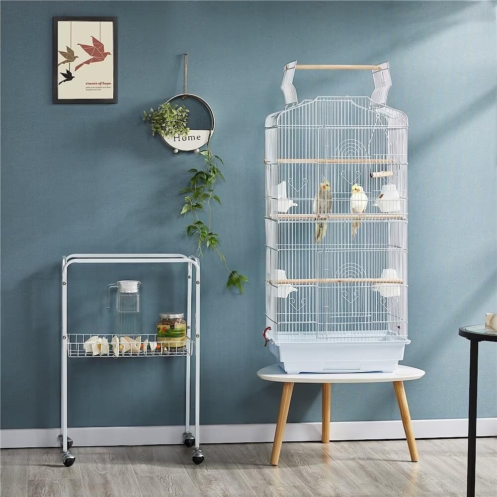 TENAS Deluxe 64-Inch Metal Bird Cage - with Open Top Design and Rolling Bracket - Premium Rust Resistant Wire - Easy-to-Clean Base - 360 Degree Rolling Casters - Convenient Slide-Out Tray (White)