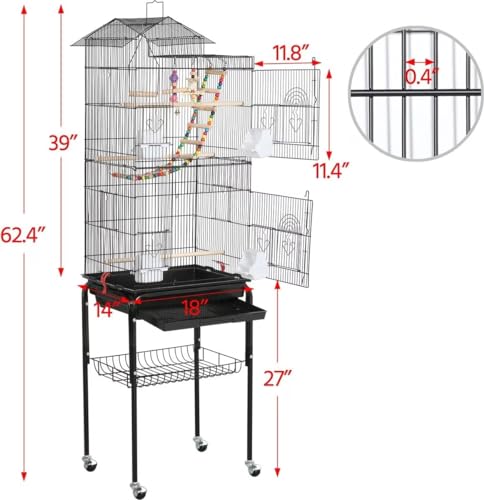 TENAS Rolling Metal Removable Bracket Bird Cage - Eco-Feeder - Wooden Perch - Swing - Removable Rolling Bracket - Easy to Handle and Store - Made of Durable Eco-Friendly Materials