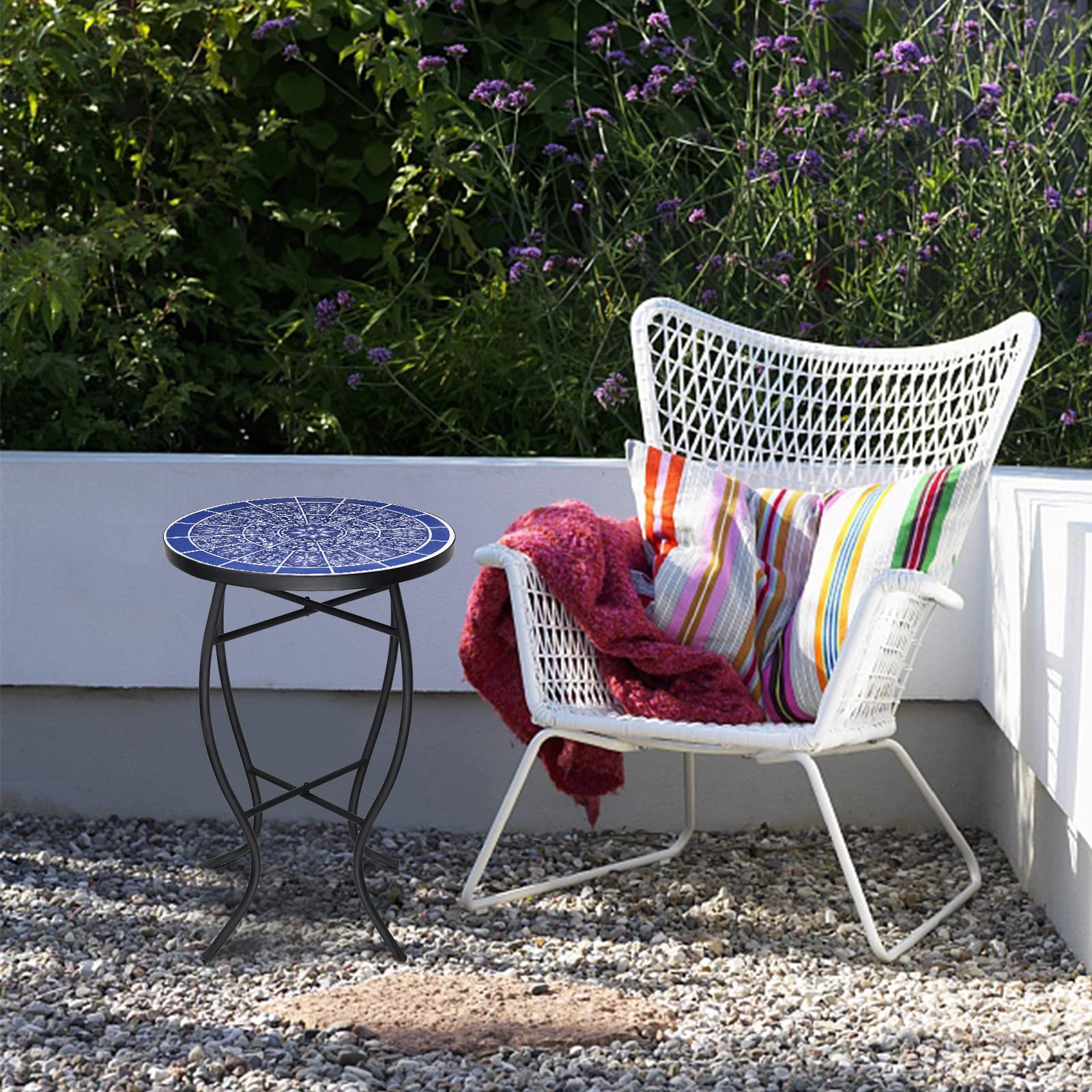 VCUTEKA Mosaic Outdoor Side Table - Small Patio Table Coffee Table Outside Accent Table Round End Plant Table for Bistro Balcony Porch Outdoor Benches 14'' Mosaic Table Blue