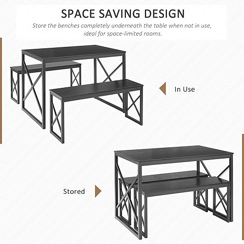 VECELO Kitchen Table with 2 Benches for 4, Wood Dining Room Dinette Sets with Metal Frame for Breakfast Nook and Small Space, 43.3", Black