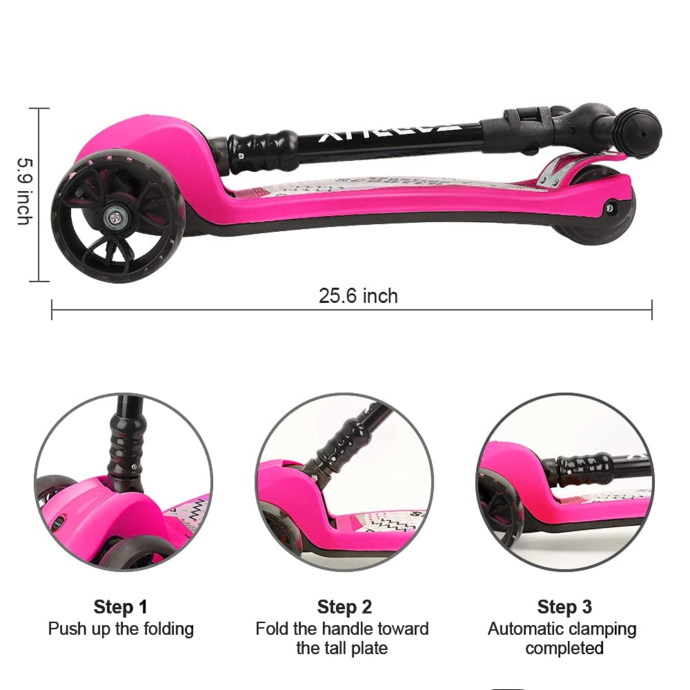 Toddler Scooter, TONBUX Kids Scooter with Foldable, Adjustable Height, Light up 3 Wheels, Rear Brake and Lean to Steer Design for Kids Ages 3-12 - Rose RED