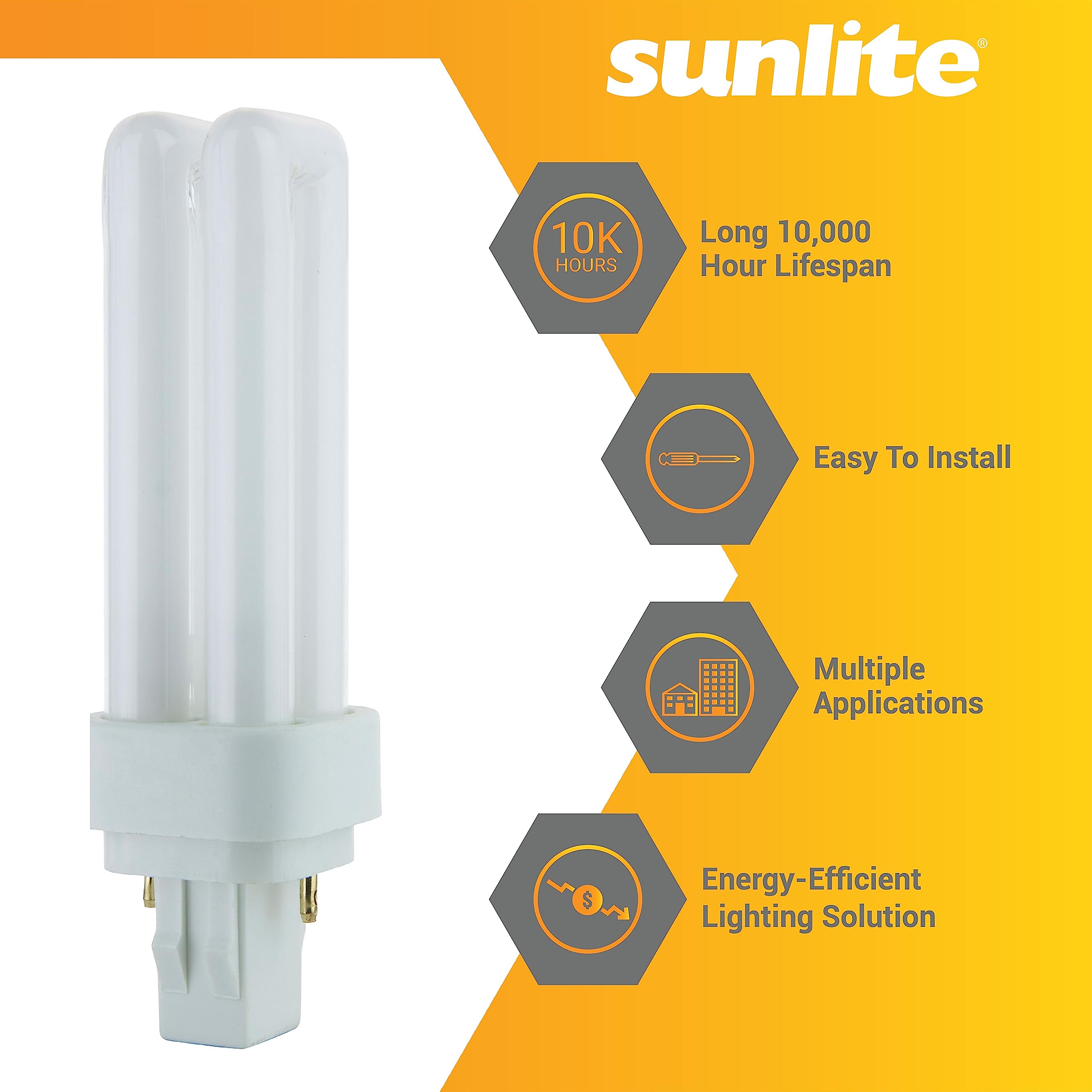 Sunlite 40543 PLD13/SP65K/10PK Double Twin Tube Compact Fluorescent Lamp, PLD 2-Pin, 13 Watts, 660 Lumens, 6500K Daylight, 2-Pin (GX23-2) Base, 10 Pack