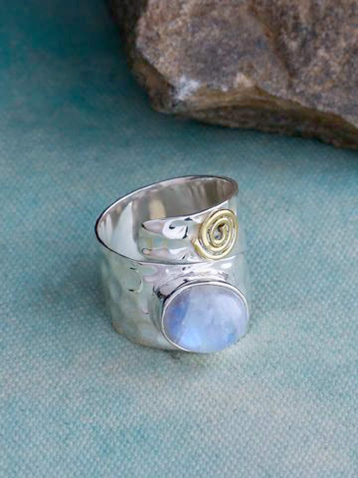 YoTreasure Natural Moonstone Solid 925 Sterling Silver Brass Hammered Finish Ring