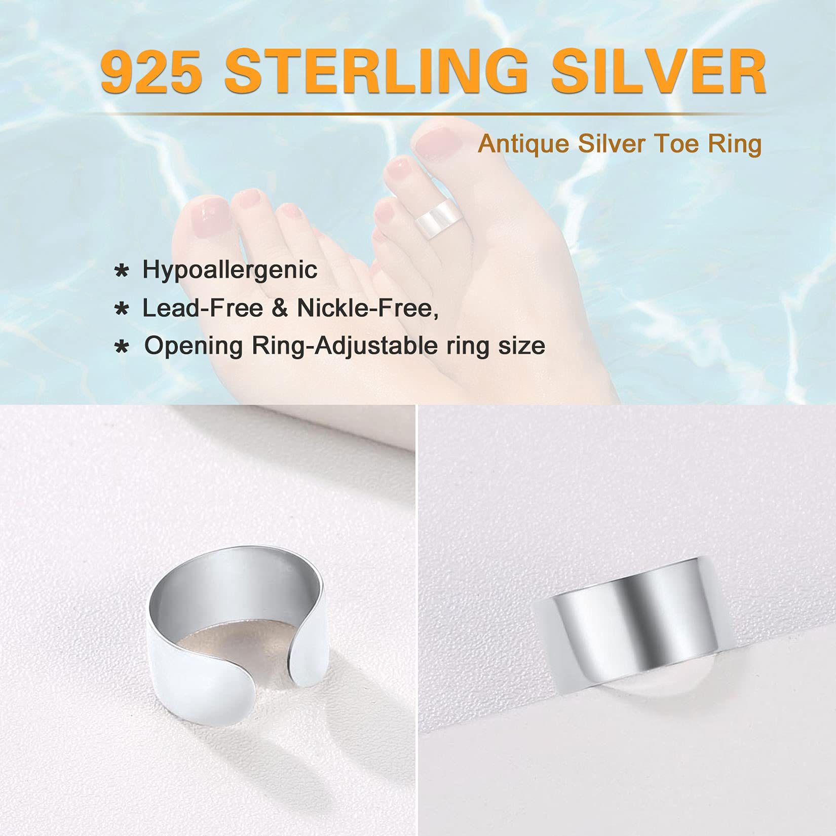 Toe Rings for Women 925 Sterling Silver Hypoallergenic Adjustable Simple 8mm Band Ring for Foot Toe Ring Size Range from 2 3 4 5 6