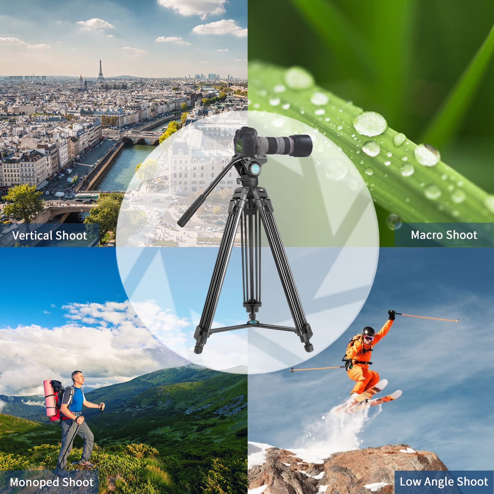 Tripod for Professional Cameras, HTURS 67 Inch Heavy Duty Tripod, with 360 Degree Fluid Head & Mid-Level Spreader, Complete Tripod Units with Travel Bag, 22LB Load Capacity