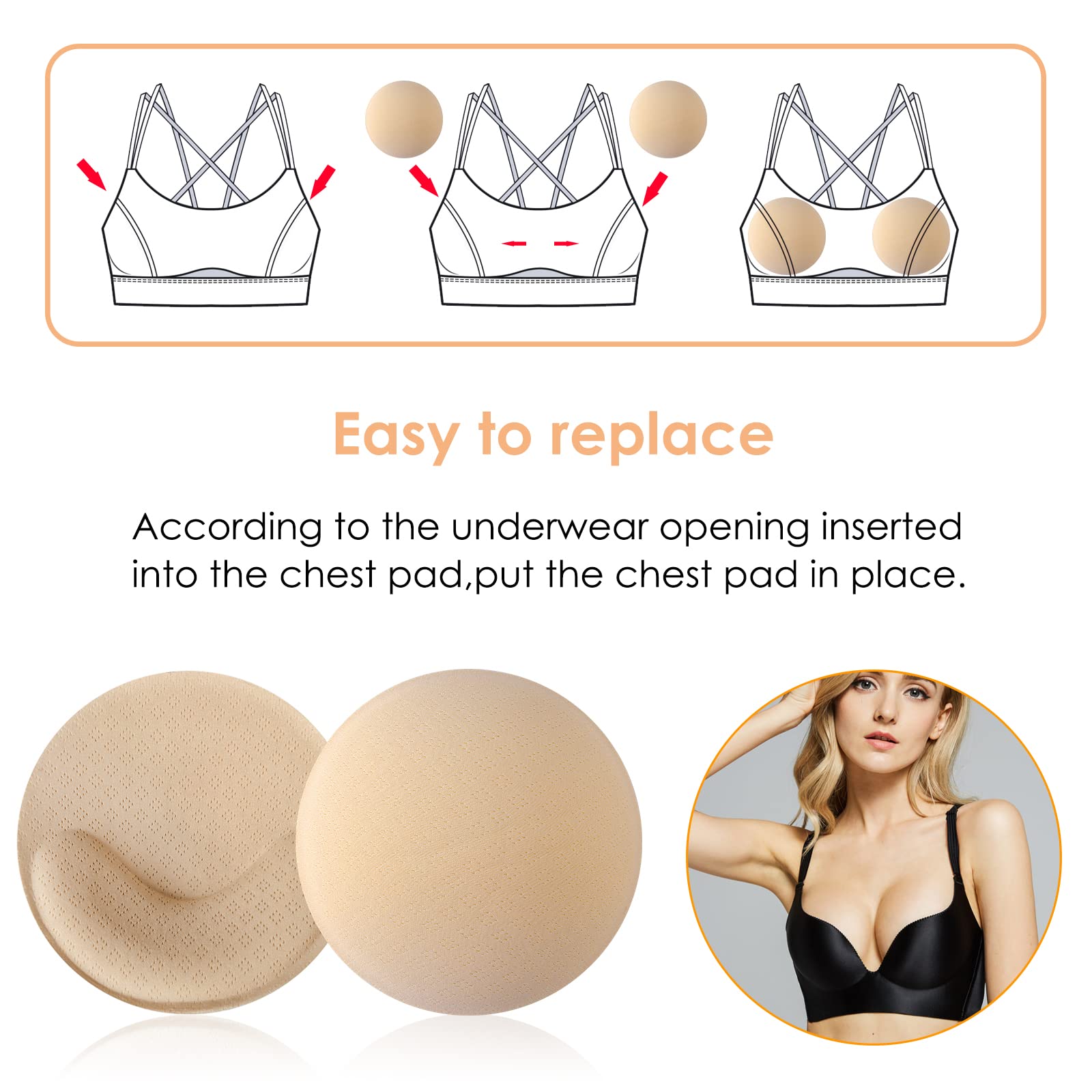 WLLHYF Round Bra Inserts Pads 2 Pairs Washable Sponge Bras Inserts Removable Bra Cups Inserts Bra Replacement Pad for Bikini Top Swimsuit Sports Bra (Skin Tone-Thicker Below)