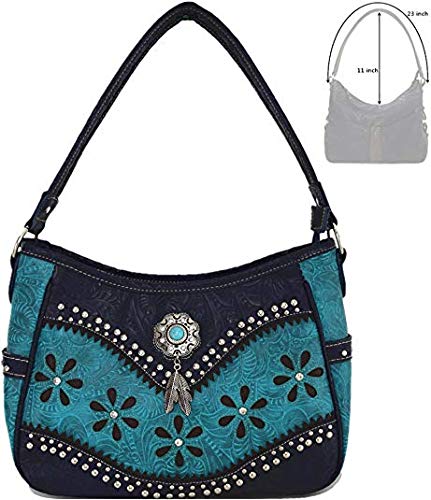 Tooled Leather Laser Cut Concealed Carry Purses Feather Country Western Handbags Shoulder Bags Wallet Set blue