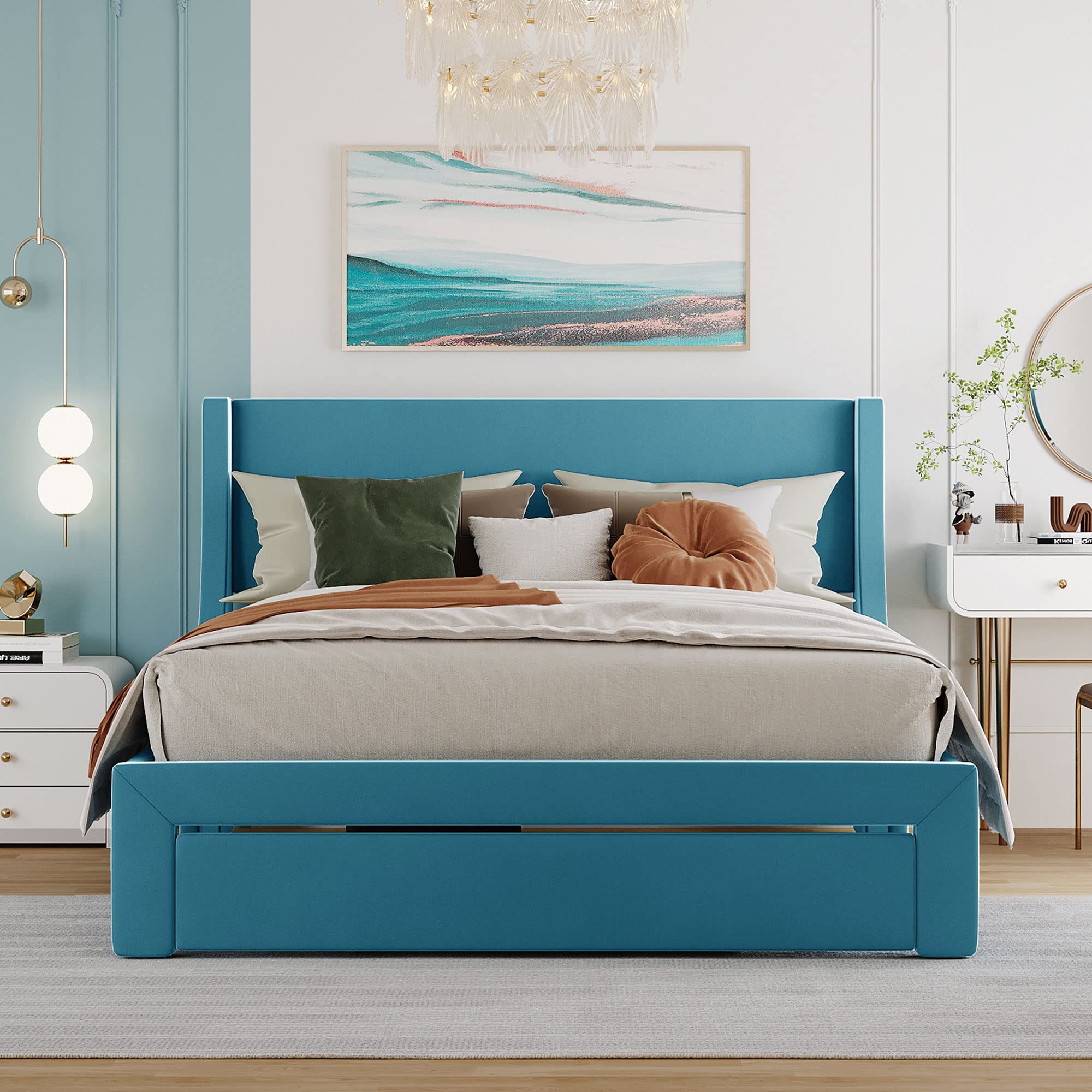 YuiHome Queen Size Velvet Storage Bed,Upholstered Platform Bed Frame with a Big Drawer and Headboard for Bedroom Guestroom,No Box Spring Needed,Blue