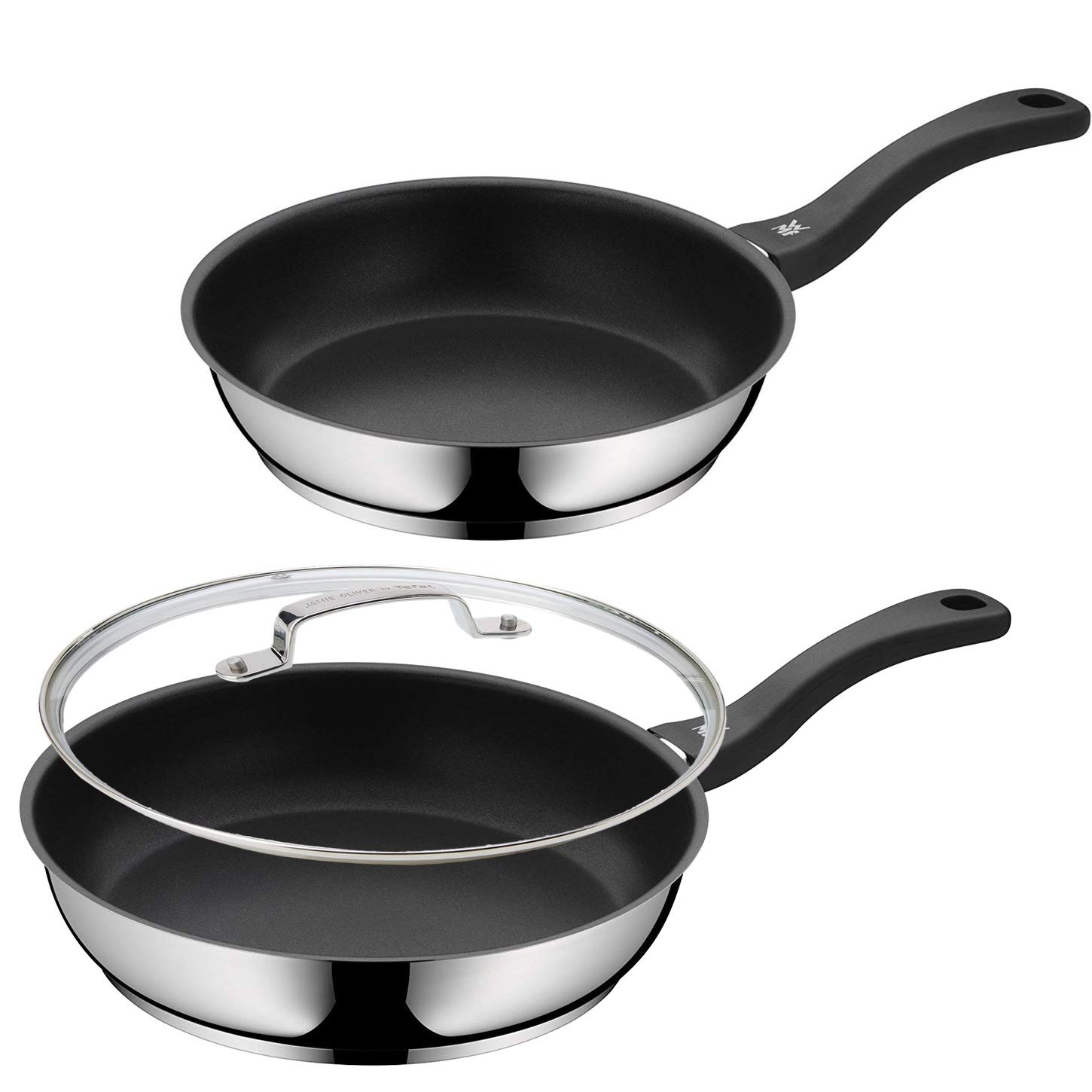 WMF Premium Induction Pan Set 3 Pieces 24 + 28 cm Non-Stick Pan + Jamie Oliver Glass Lid 28 cm for Gentle Roasting, Induction Cooker, Cromargan Stainless Steel, Ergonomic Plastic Handle